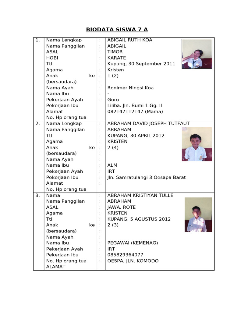 Biodata Siswa 7 A | PDF