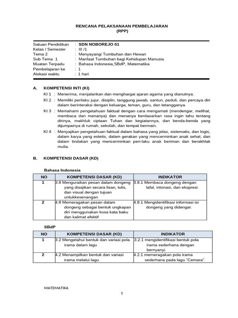 rpp kelas 3 tema 2 st 1 revisi 2019 | PDF