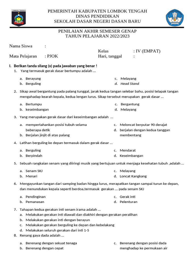 Soal2 Pas Pjok KLS4 S-2 | PDF