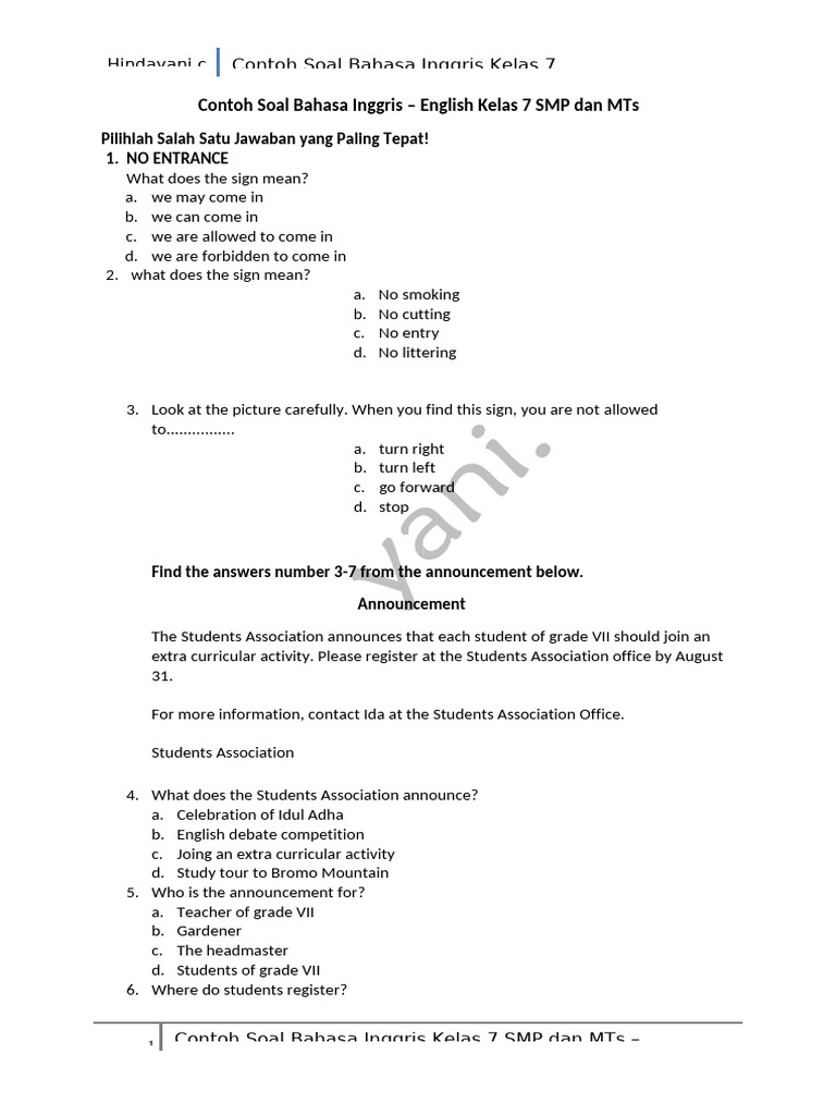Adoc - Pub - Contoh Soal Bahasa Inggris English Kelas 7 SMP Dan | PDF