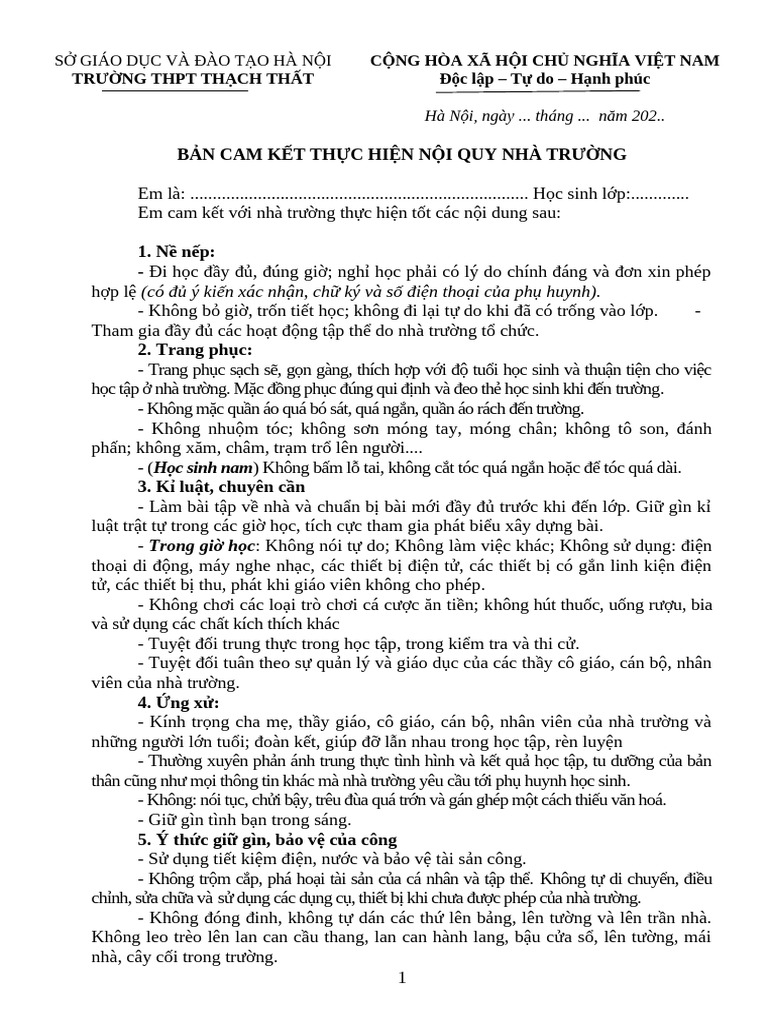 Cam Ket Cua Hs TH Noi Quy | PDF