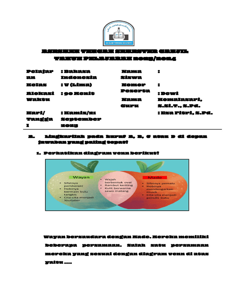 Soal Ats Ganjil B.indo Kelas 5 TP 2023-2024 | PDF