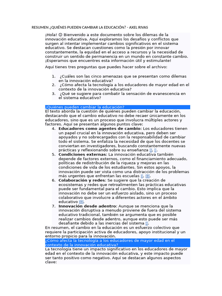 Resumen Quiénes Pueden Cambiar La Educación - Axel Rivas | PDF | Enseñando | Innovación