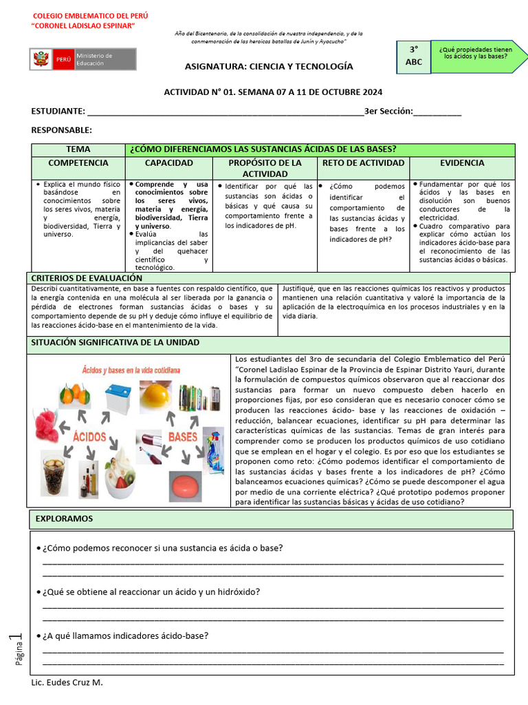 3°sec - UNIDAD 4 - ACTIVIDAD 1 (CyT Explica 2024) - Cómo Diferenciamos Las Sustancias Ácidas de ...