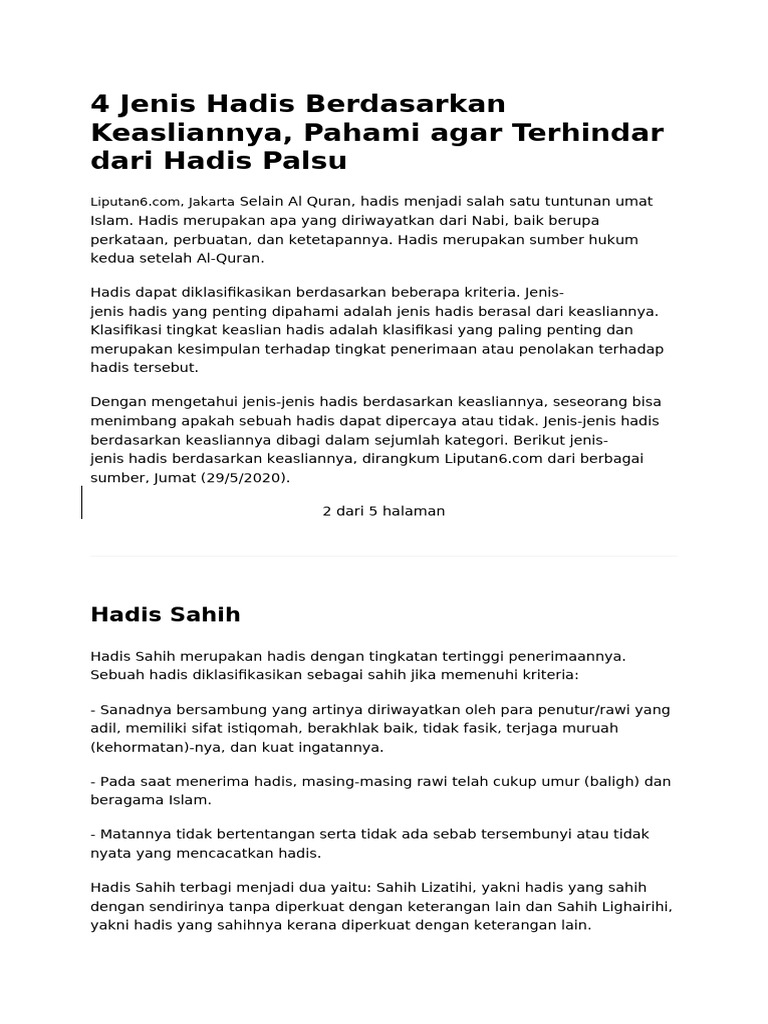 4 Jenis Hadis Berdasarkan Keasliannya | PDF