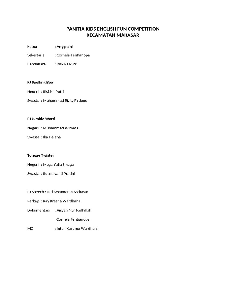 Kids English Fun Competition | PDF