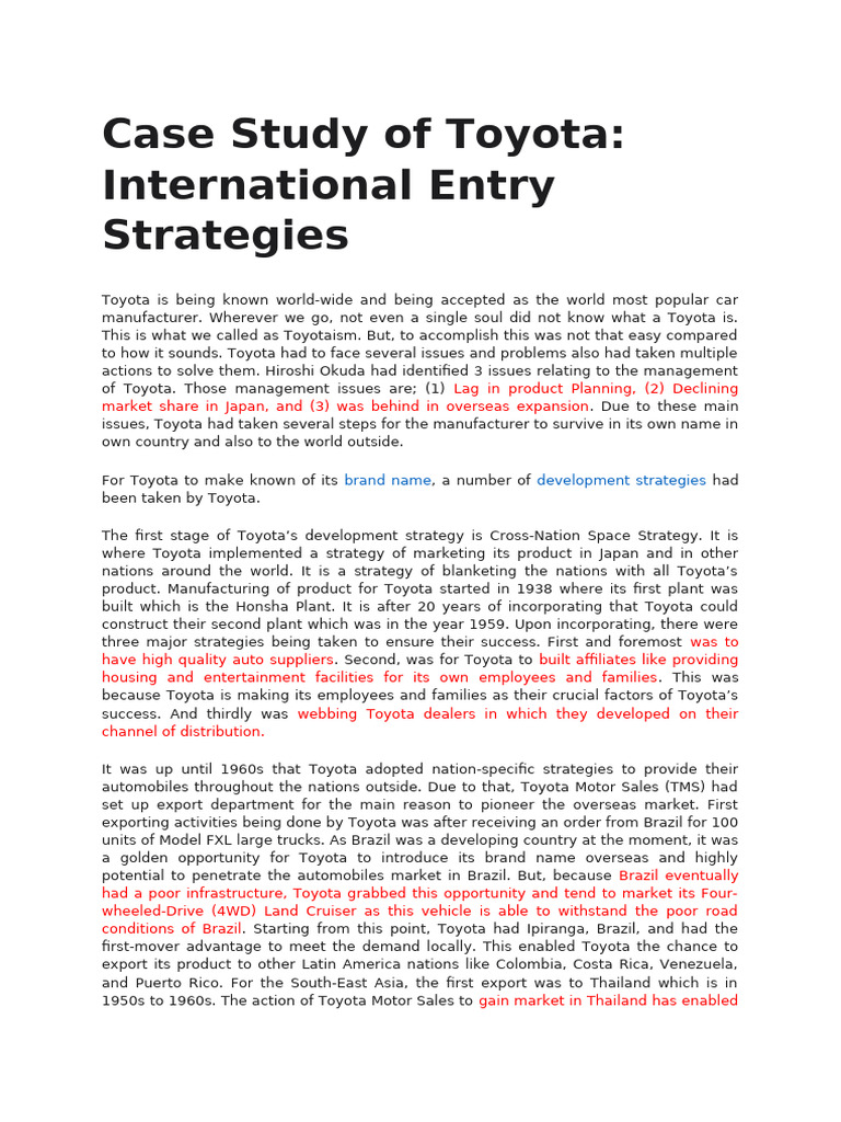 Case Study of Toyota International Entry Strategies | PDF