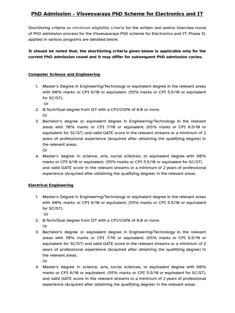 Shortlisting Criteria For The Written Interview Round of PHD Admission Process For Visvesvaraya ...