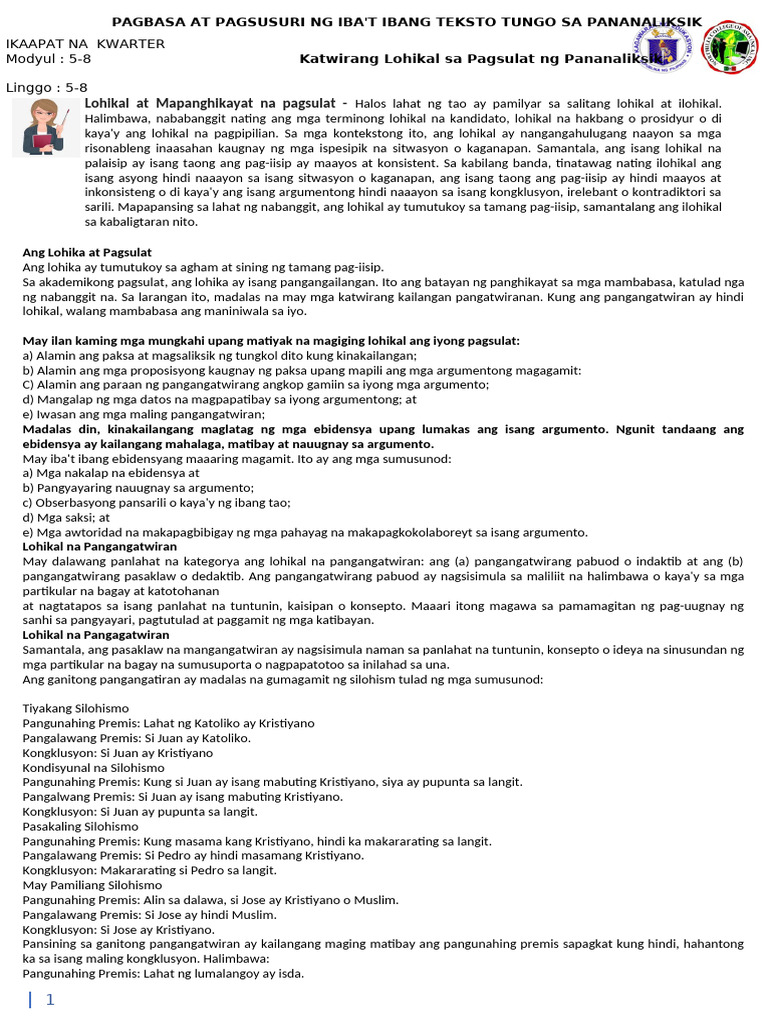 Q4 MODYUL 5 8 Pagbasa at Pagsusuri Exam | PDF