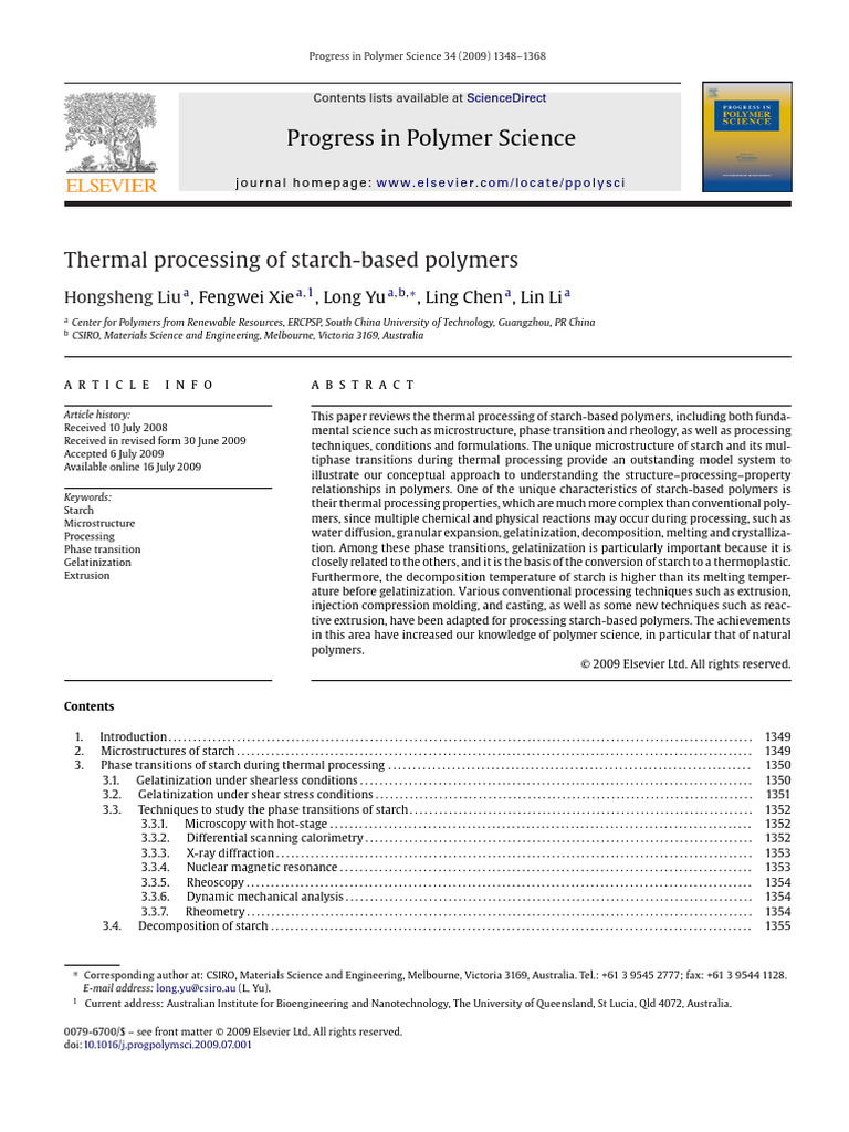 2009 Thermal Processing of Starch-Based Polymers | PDF
