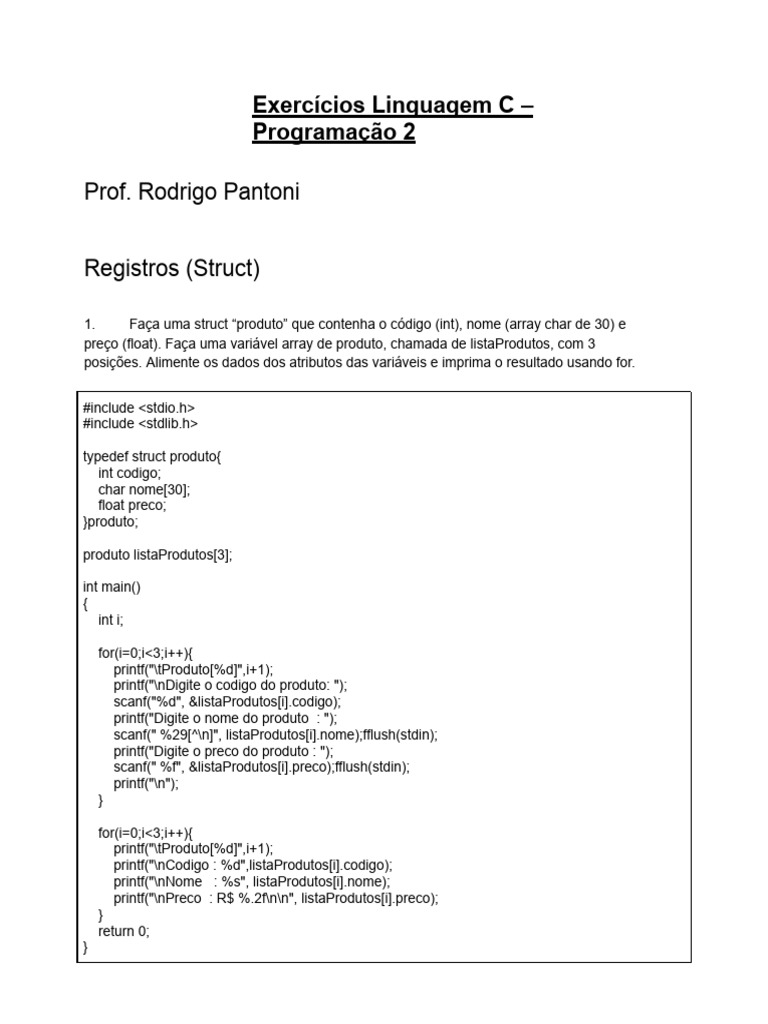 Lista de Exercícios - Structs - Resolvida | PDF