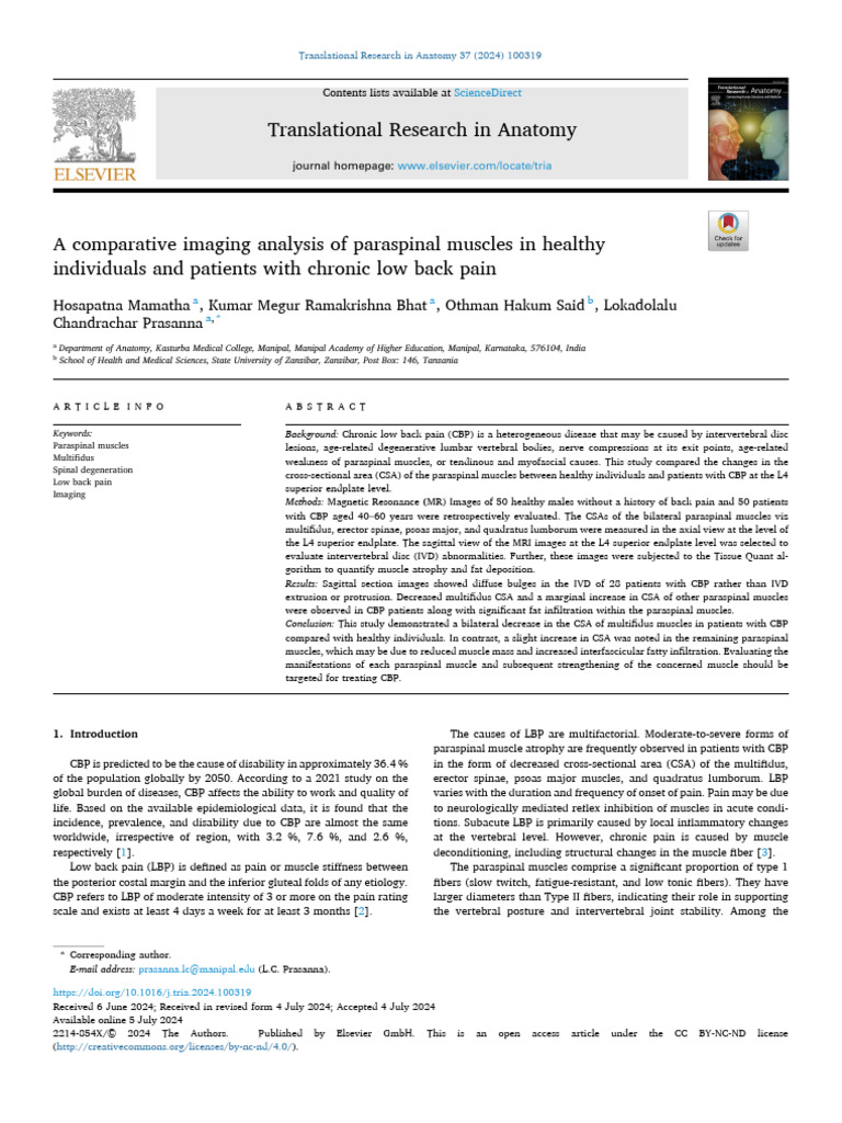 A Comparative Imaging Analysis of Paraspinal Muscles in Healthy ...