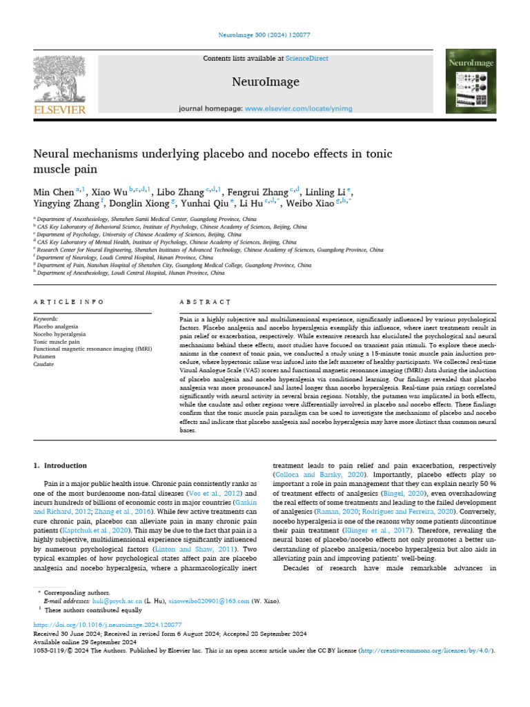 Neural Mechanisms Underlying Placebo and Nocebo Effects in Tonic Muscle Pain | PDF | Placebo ...