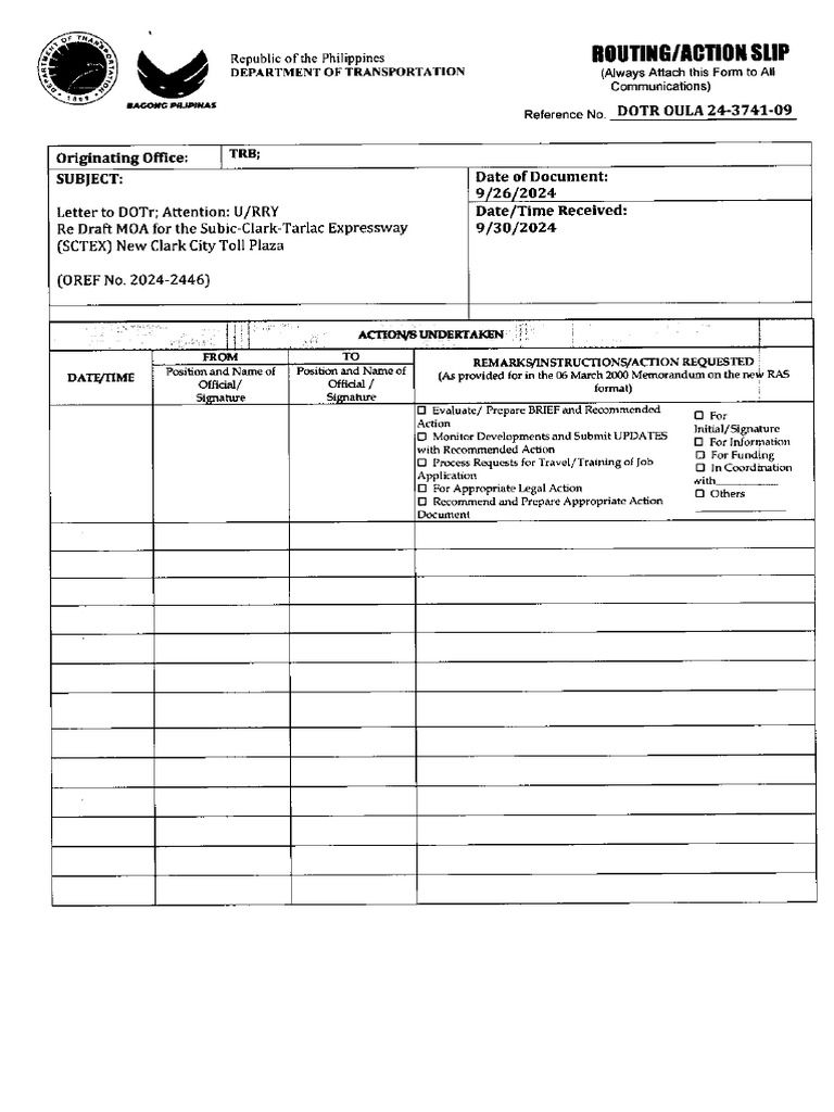 Dotr-Oula 24-3741-09 in (TRB) Letter To Dotr Attention Urry Re Draft Moa For The Subic-Clerk ...