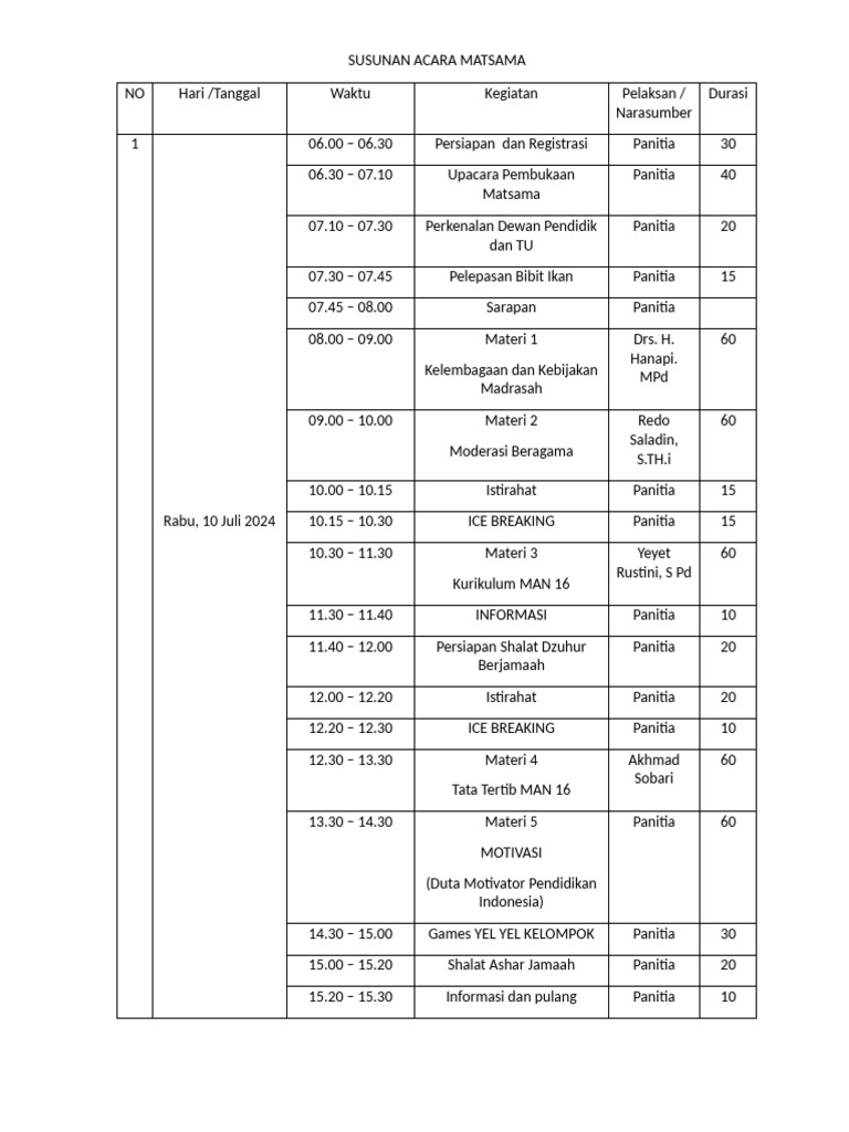 Susunan Acara Matsama 2024 2025 | PDF