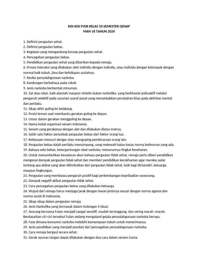 Kisi-Kisi Pjok Kelas 10 Semester Genap 2024 | PDF