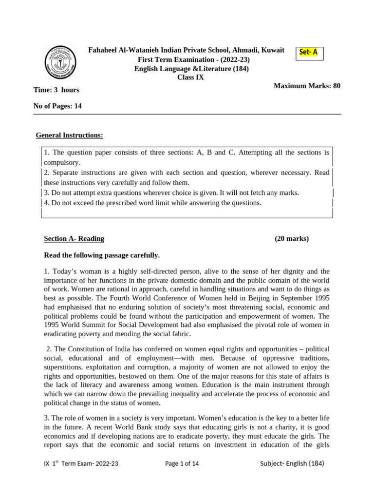 Class 9 Term 1 Eng QP 2022-23 Set A | PDF