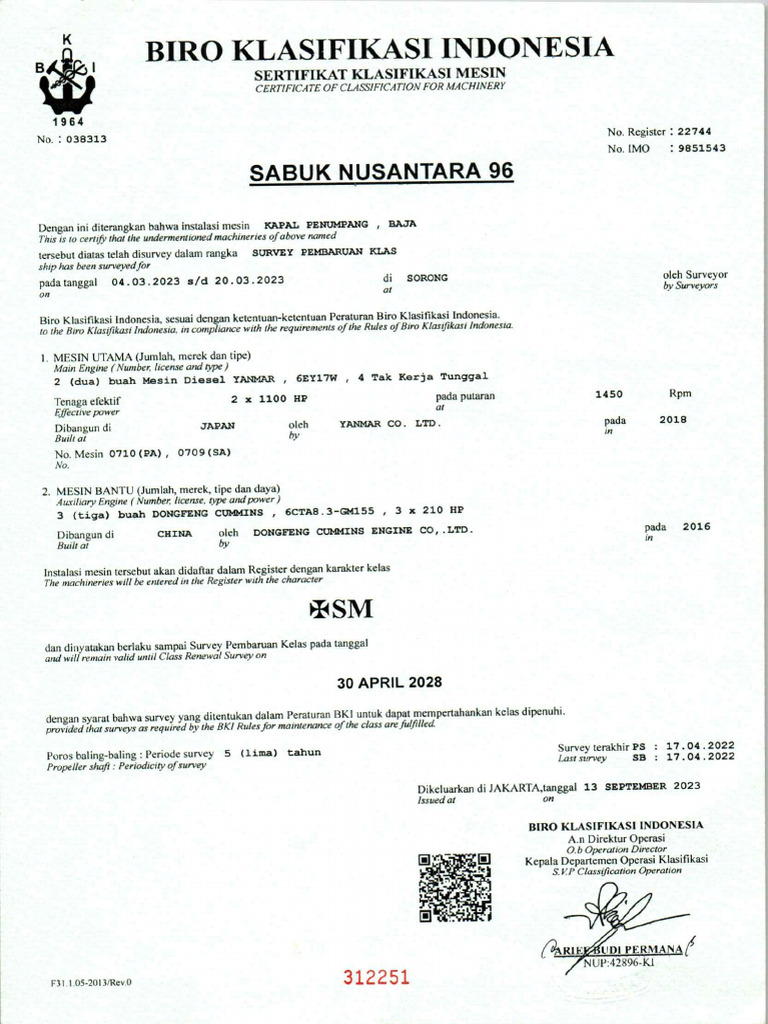 Sertifikat BKI KM Sabuk Nusantara 96 (mesin) | PDF