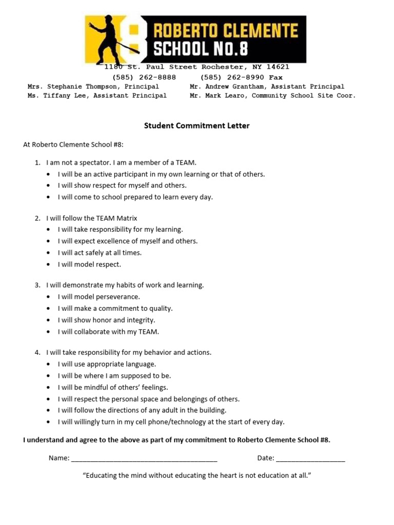 Roberto Clemente School #8 Student Commitment | PDF | Career & Growth | Wellness