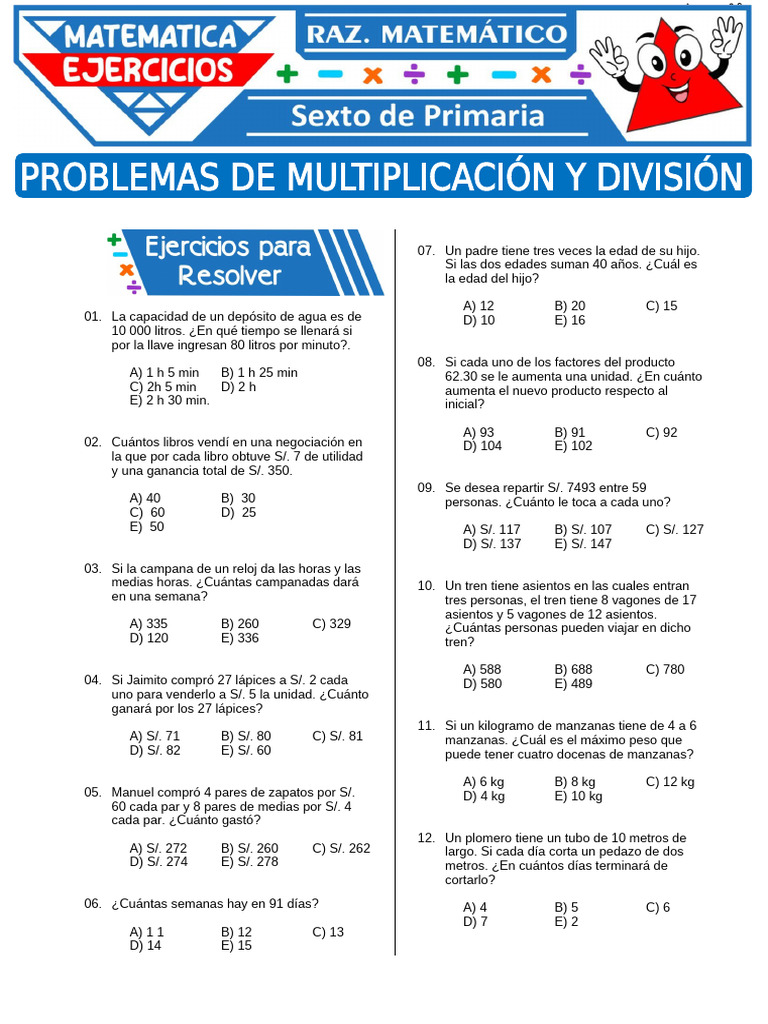 Problemas de Multiplicacion y Division para Sexto Grado de Primaria | PDF