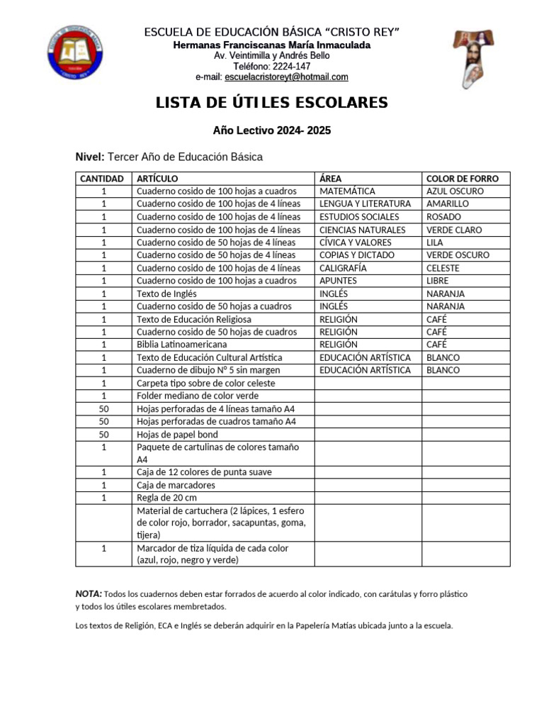 LISTA DE UTILES ESCOLARES 2024-2025 3A | PDF