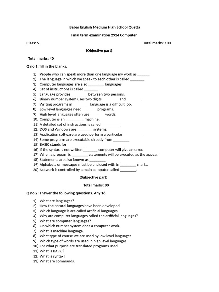 Class 5 Computer Exam Questions Pdf Computer Program Programming 1553
