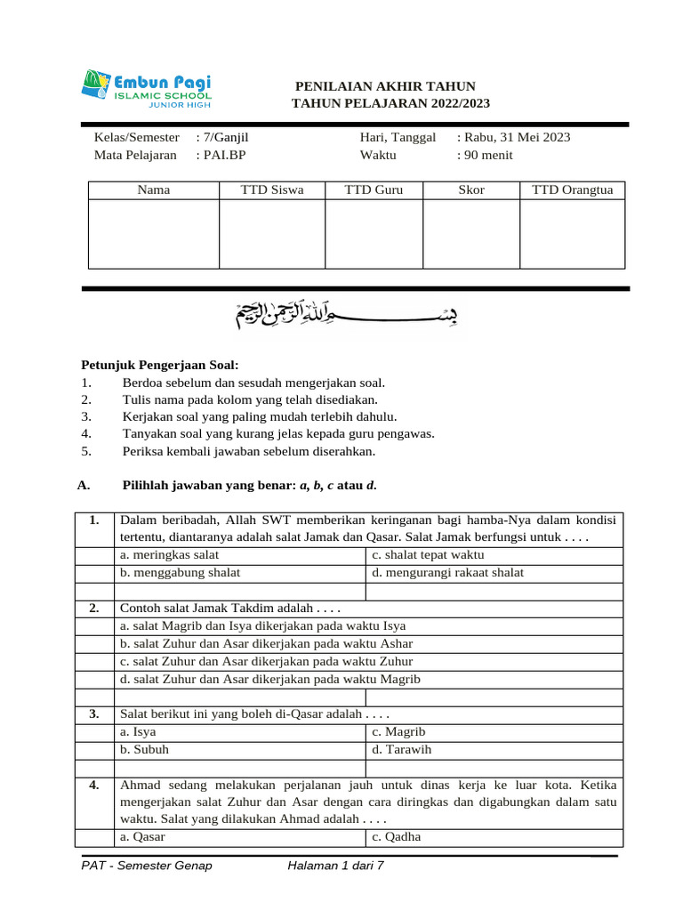 Soal Pat Pai Kelas 7 TP 2022-2023 | PDF