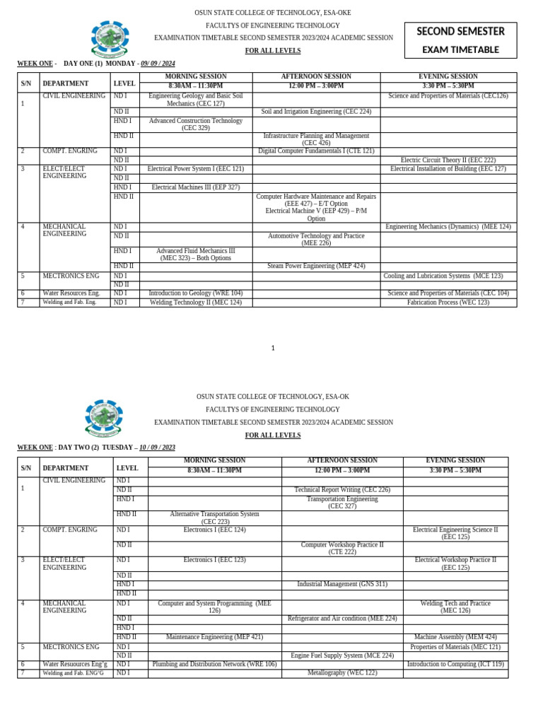 SECOND SEMESTER EXAMINATION TIMETABLE - ALL Levels - 2023 - 2024 ...