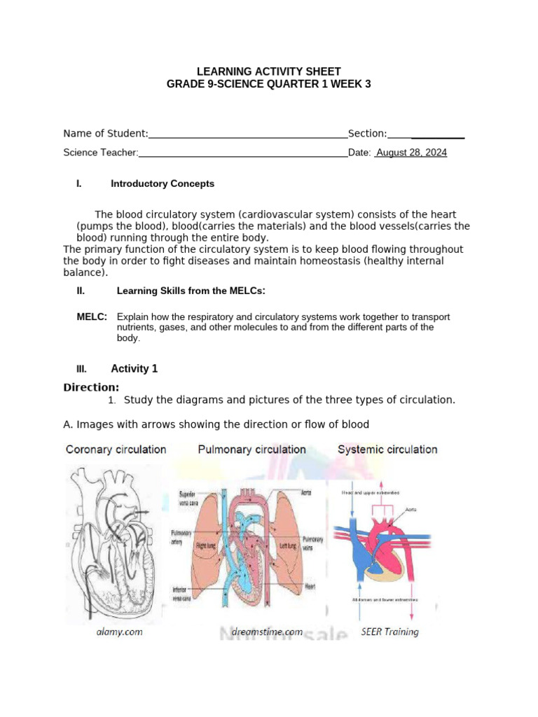 Science Learning Activity Sheet Week 3 Q1 D1.1 | PDF | Heart | Science ...