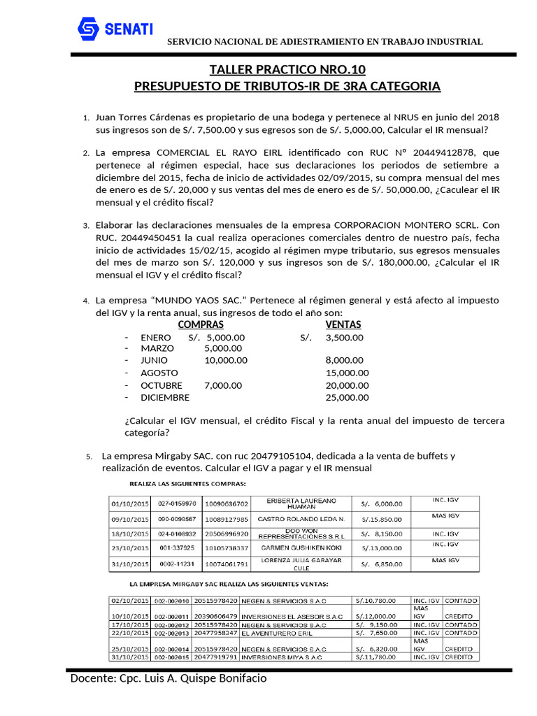 Taller Practico Nro. 10-Ir 3ra Categoria | PDF