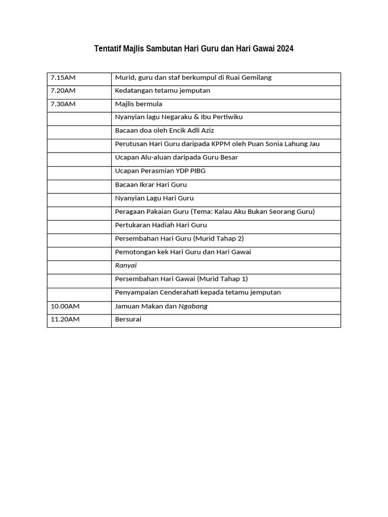 Tentatif Program Sambutan Hari Guru Dan Hari Gawai 2024 | PDF