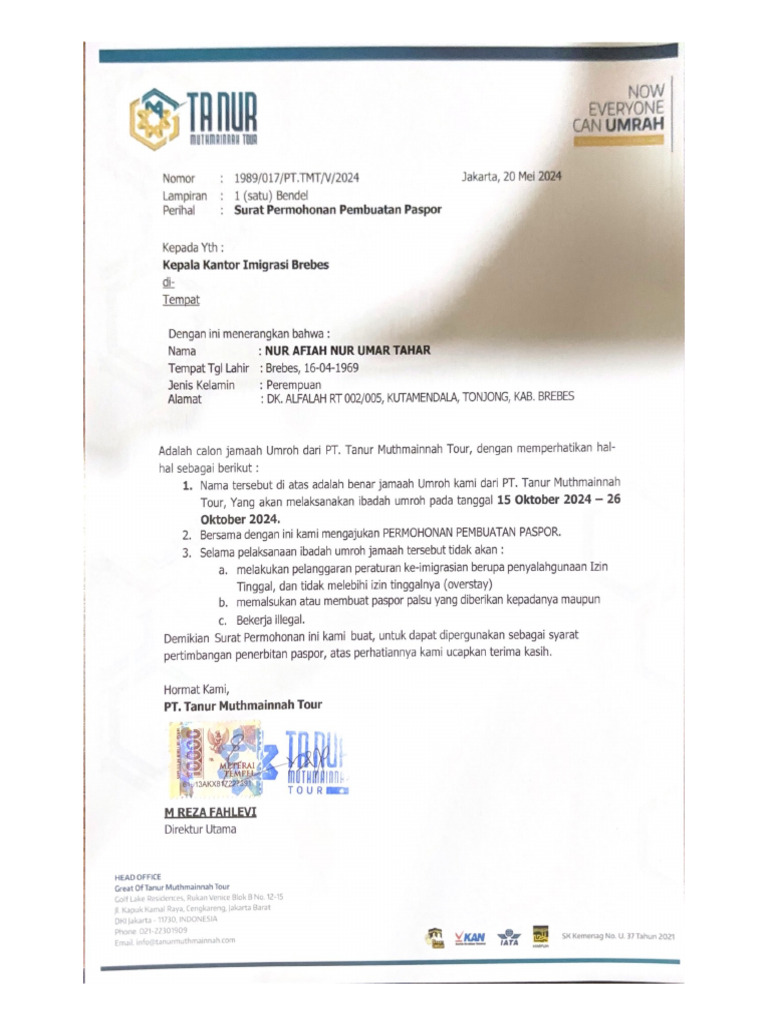 Contoh surat REKOM Biro Umroh untuk permohonan Cuti Besar | PDF