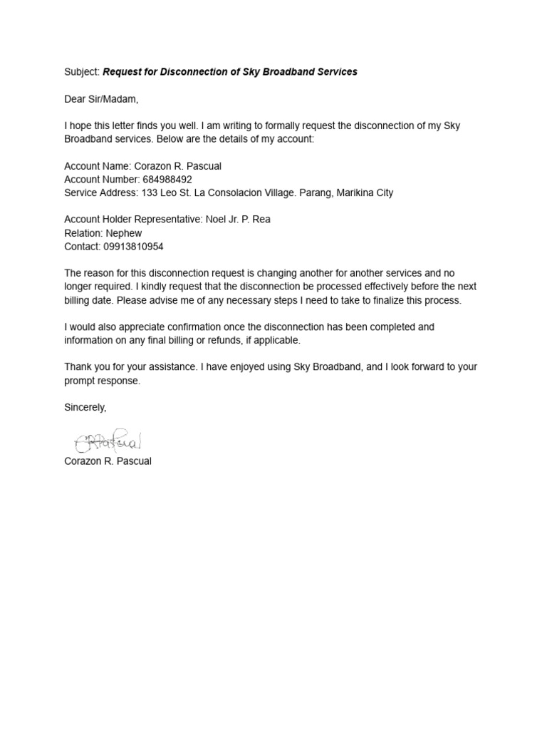 SKY Letter of Request Disconnection | PDF