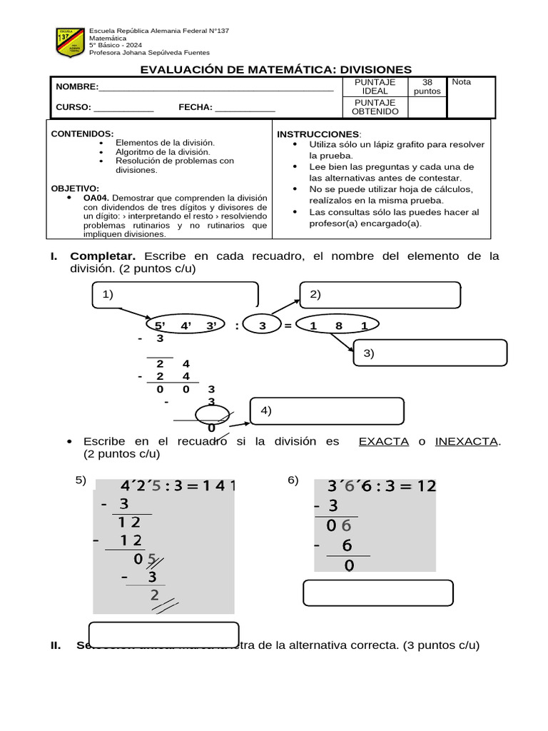 EV. MAT_5°_N°3_DIVISIONES | PDF