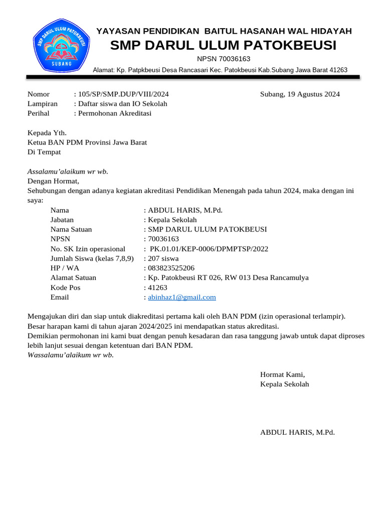 Surat Pengajuan Akreditasi Ban PDM | PDF