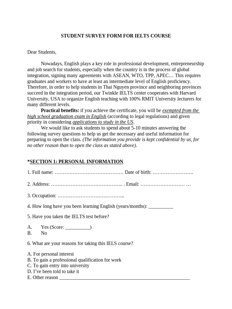 STUDENT SURVEY FORM FOR IELTS COURSE | PDF