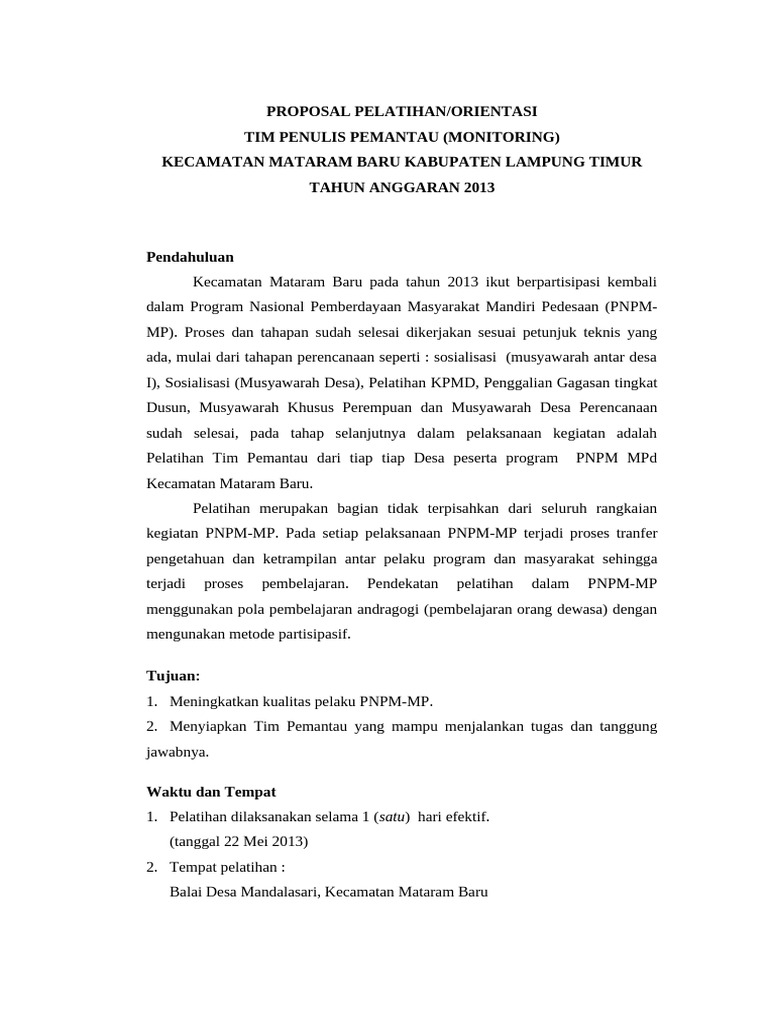 Proposal Pelatihan Tim Monitoring Proram PNPM-MPD | PDF
