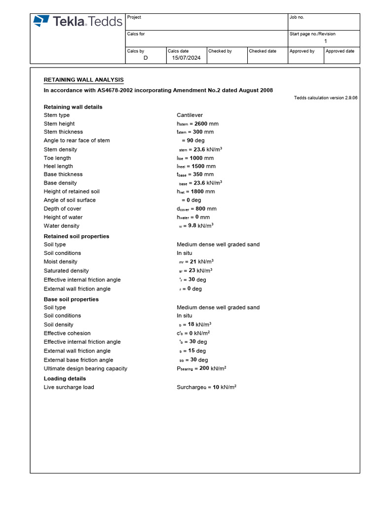 Tedds Retaining Wall Calculations | PDF
