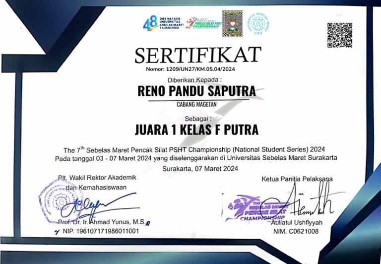 E-Certificate The 7th Sebelas Maret Pencak Silat PSHT Championship 2024 - RENO PANDU SAPUTRA ...