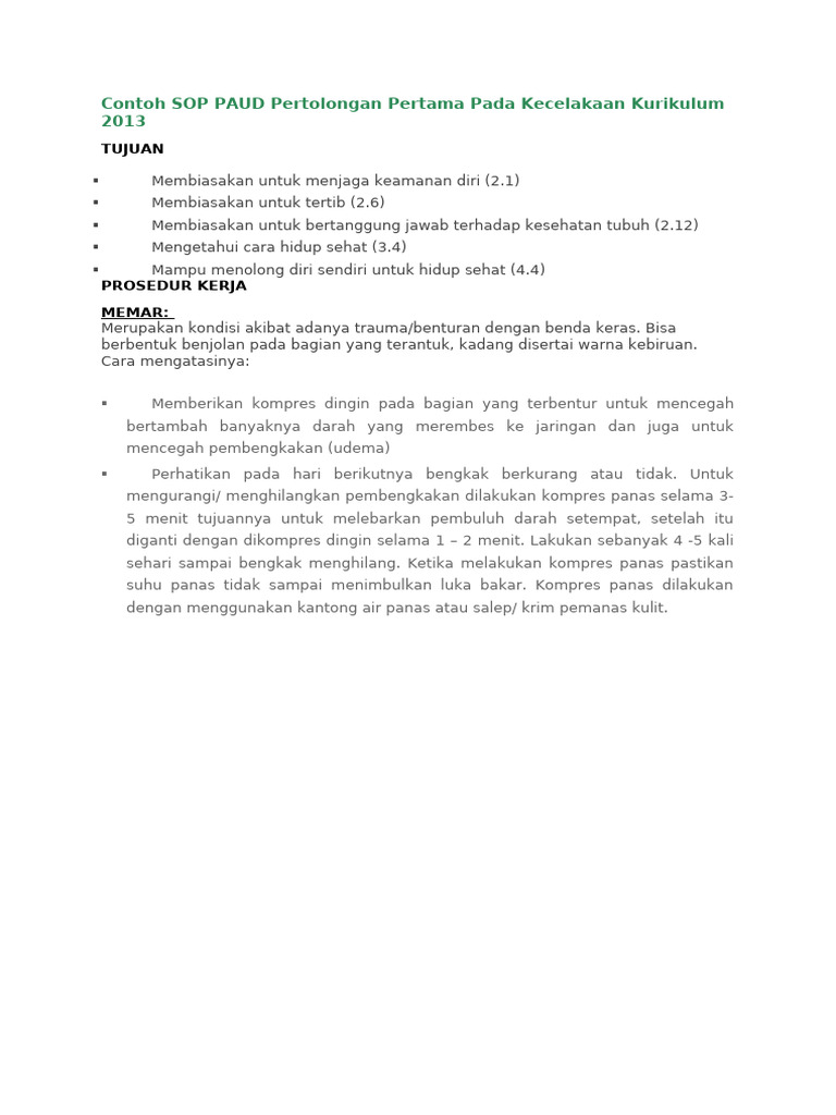 Contoh SOP PAUD Pertolongan Pertama Pada Kecelakaan Kurikulum 2013 | PDF