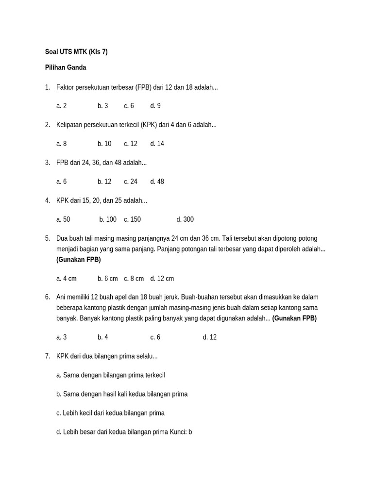 Soal UTS MTK Kelas 7 | PDF