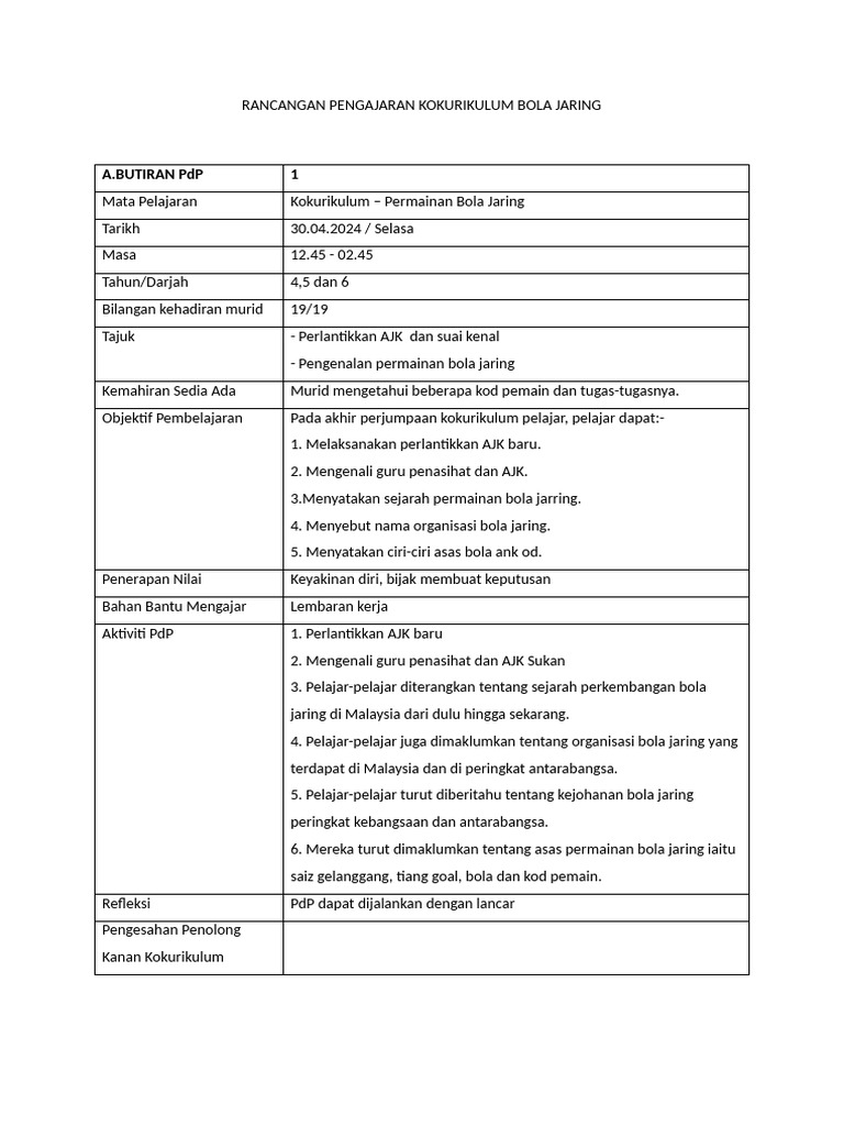 Rancangan Pengajaran Kokurikulum Bola Jaring Minggu 1 | PDF