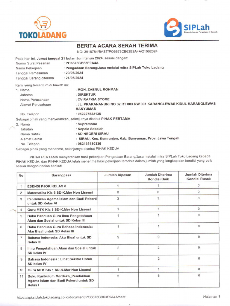 Berita Acara Serah Terima Buku | PDF