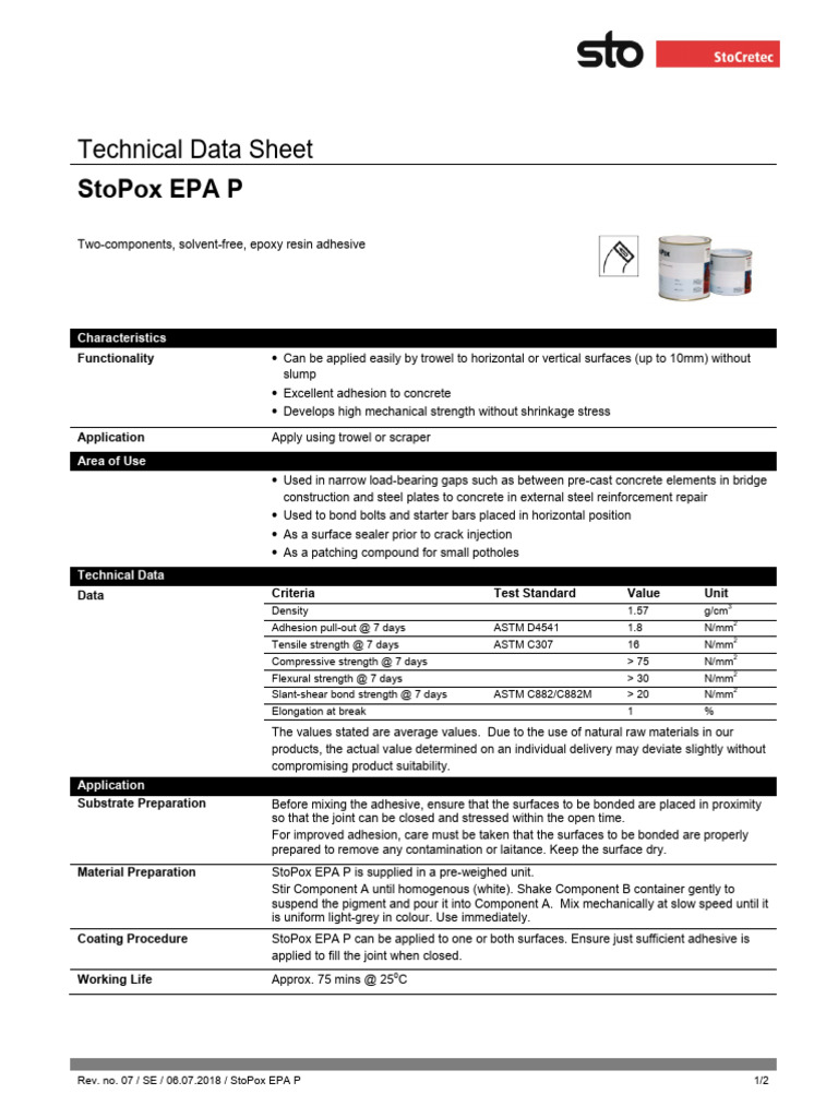 StoPox EPA P Epoxy Adhesive Data Sheet | PDF | Concrete | Adhesive