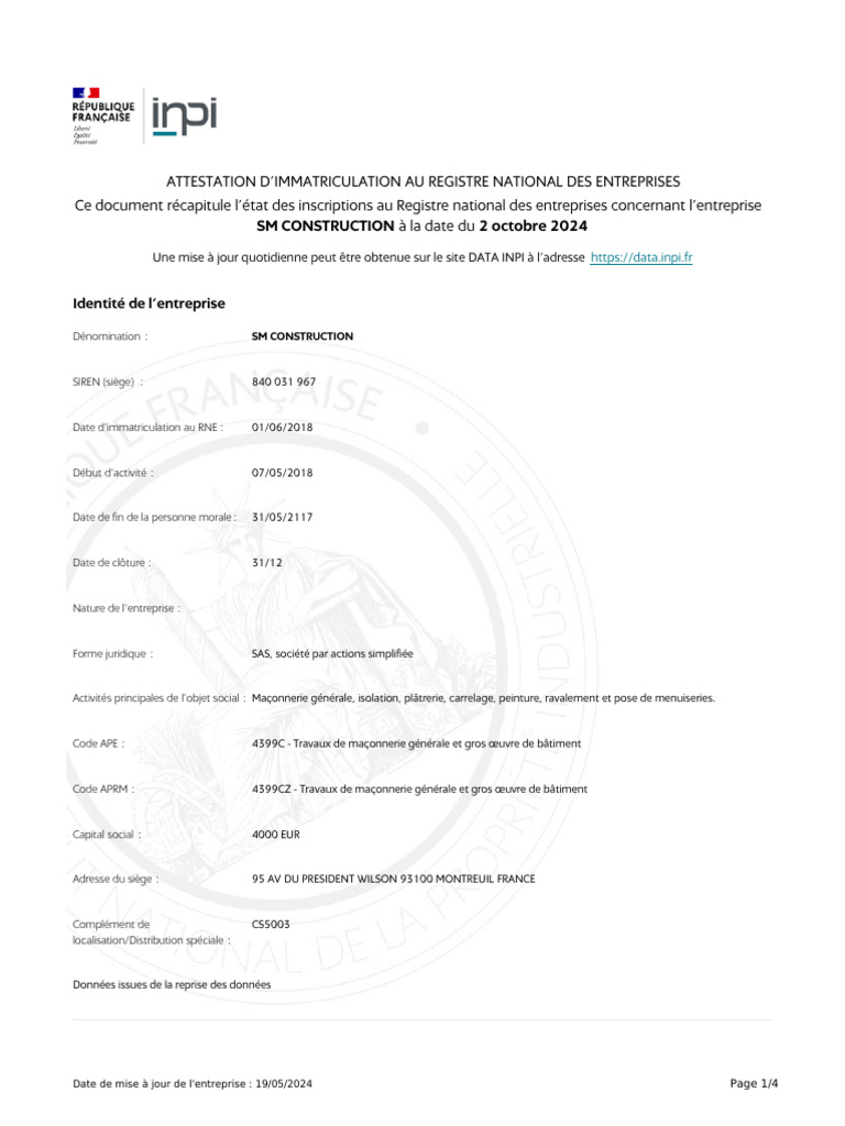 SM CONSTRUCTION - Extrait INPI | PDF
