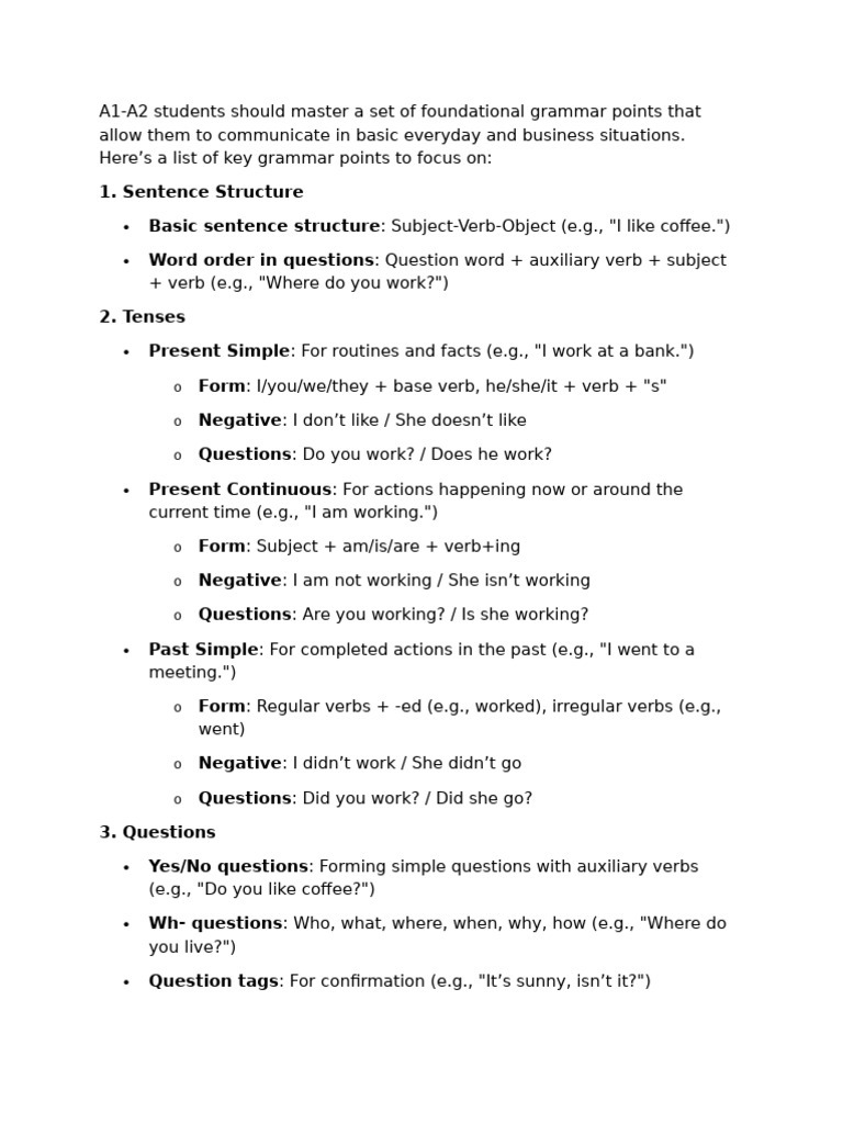 A1 - A2 Grammar Points To Cover | PDF