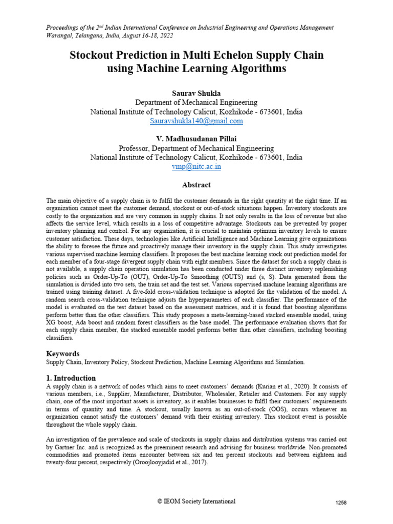 Stockout Prediction in Multi Echelon Supply Chain Using Machine Learning Algorithms | PDF