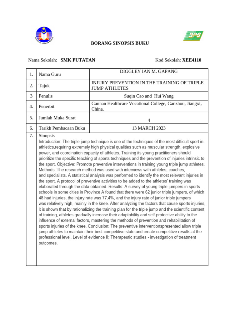 Borang Sinopsis Book Review 2 INJURY - PREVENTION - IN - THE - TRAINING - OF - TRIPLE - JUMP - A ...