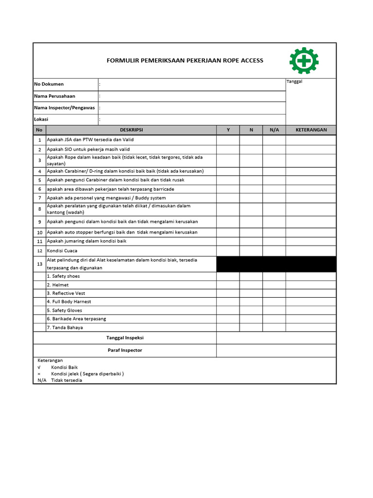 Formulir Ceklis ROPE ACCESS | PDF
