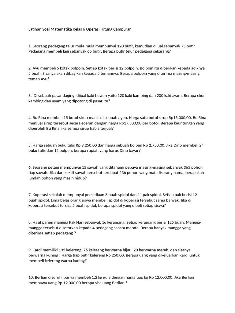 Latihan Soal Matematika Kelas 6 Operasi Hitung Campuran | PDF